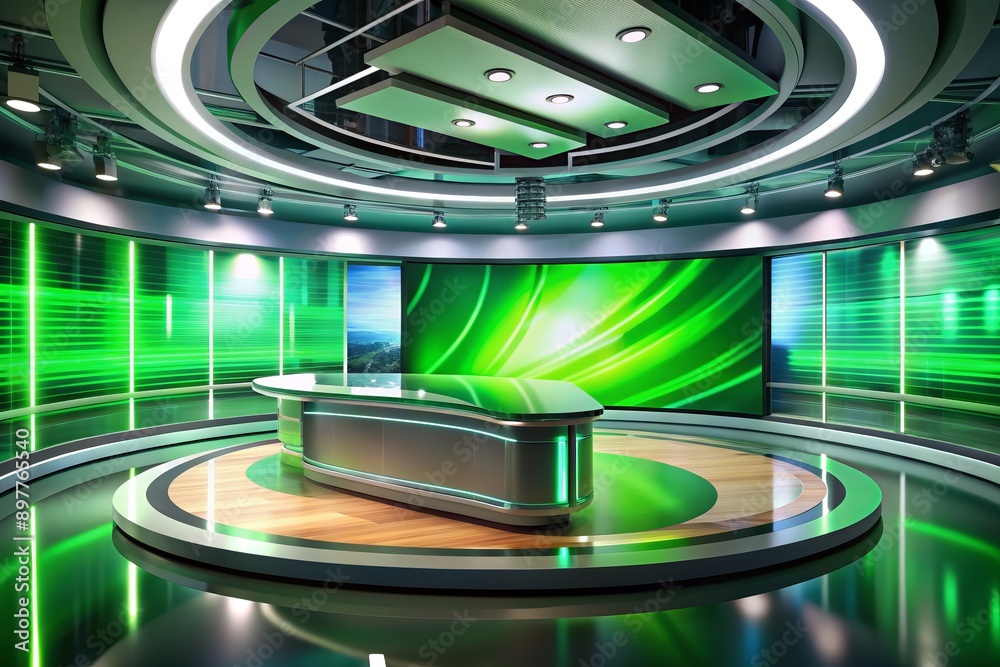 Modern futuristic virtual TV studio news set with sleek curved desk ...