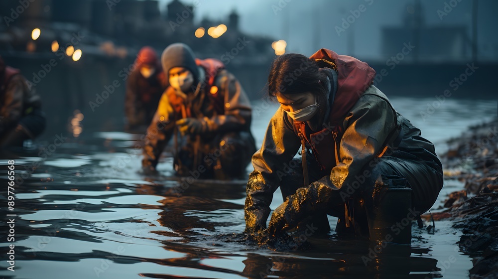 Volunteers wear masks and use shovels and plain cloth to remove black ...