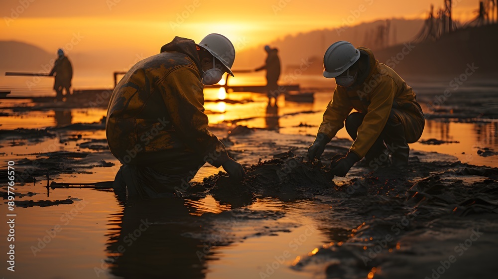 Volunteers wear masks and use shovels and plain cloth to remove black ...