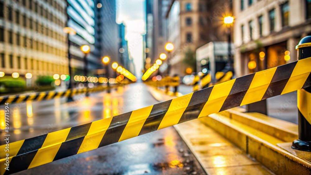 Yellow and black caution tape stretches across a city street, blocking ...