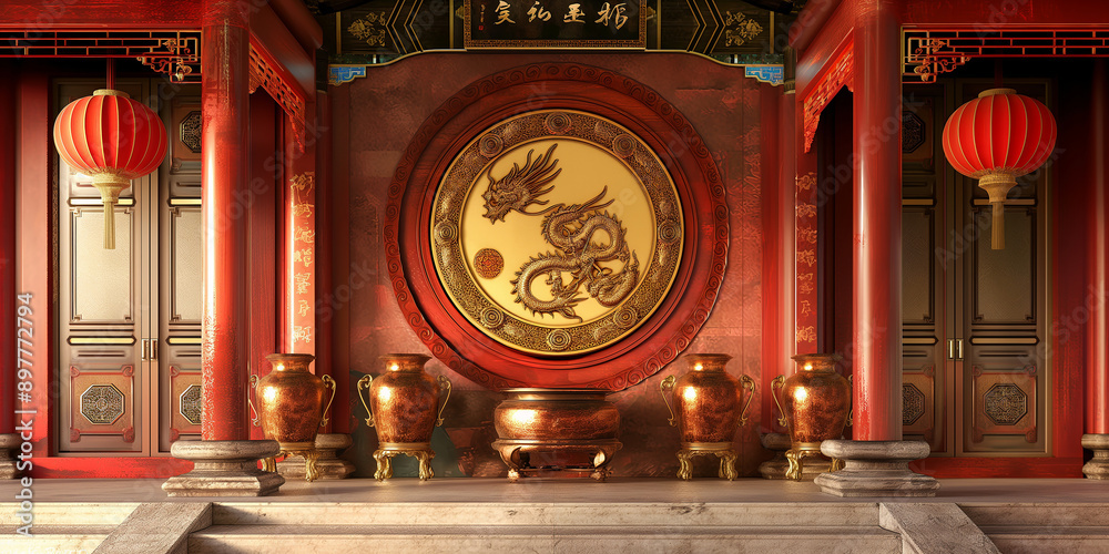 Beautiful traditional chinese entrance with golden dragon symbol and ...