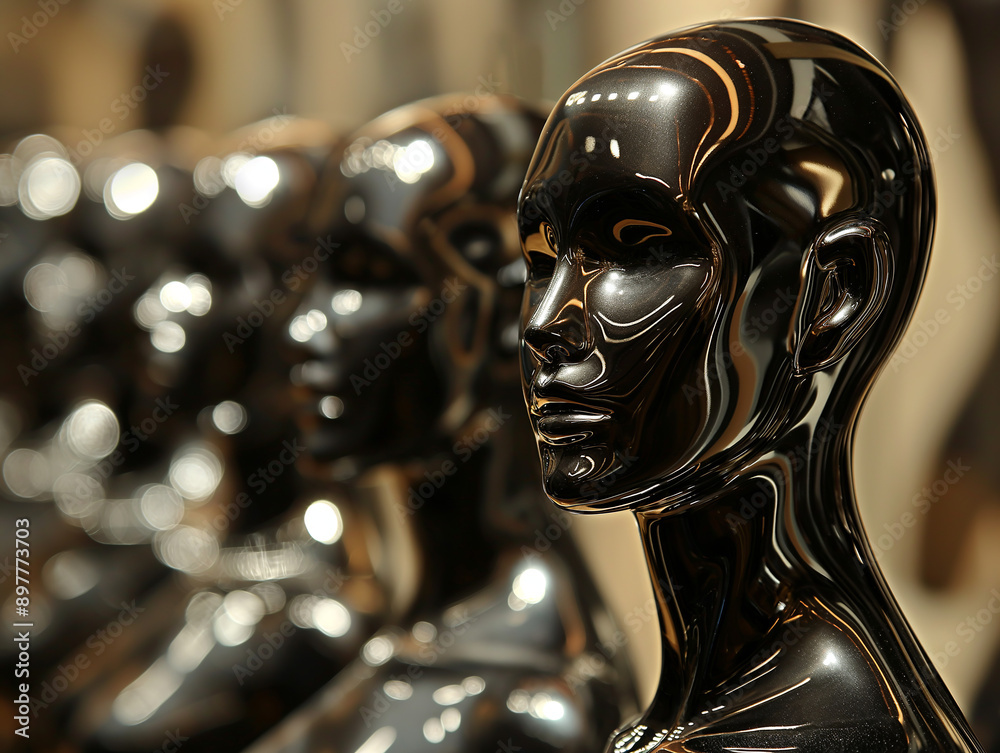 Row of Shiny Black Mannequin Heads in Store Display. Close-up of shiny ...