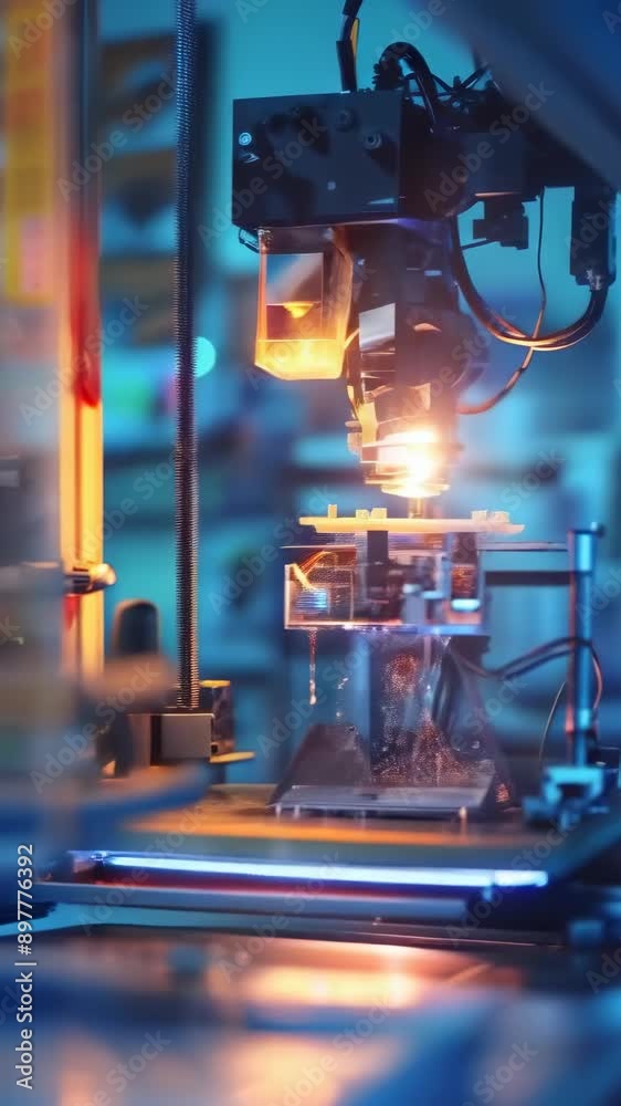 An advanced industrial 3D printer operates in a high-tech lab, crafting ...