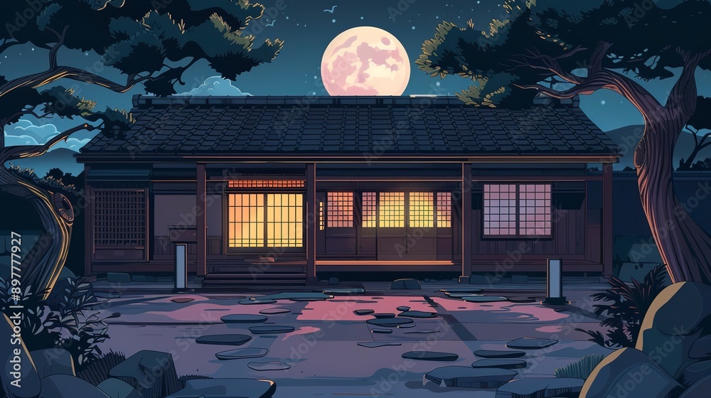 halloween night scene, Traditional Japanese house, showcasing its ...