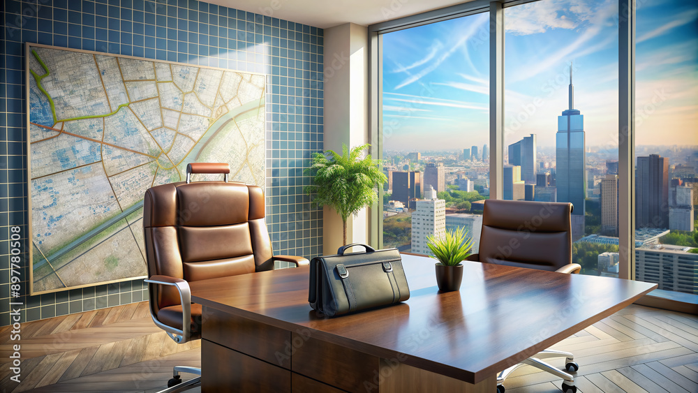 Modern government office with city map on wall, briefcase and contract ...