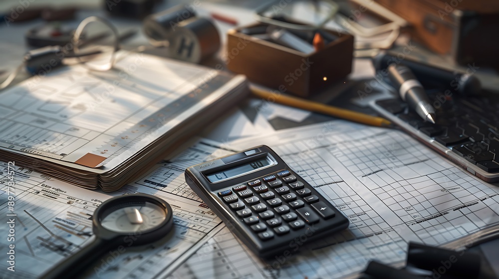 Scientific calculator protractor ruler and graph paper on a school desk ...