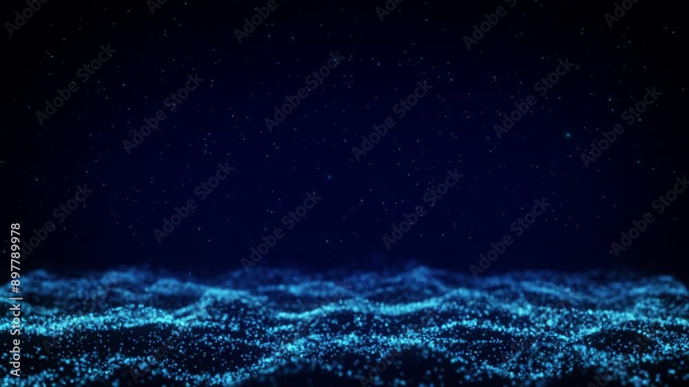Blue glowing particle waves in night sky looping technology animation ...