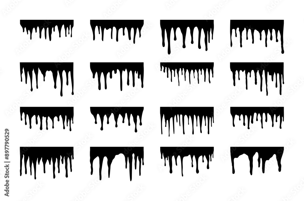 Set of melted paint drips. Collection of drops and flow of watercolor ...