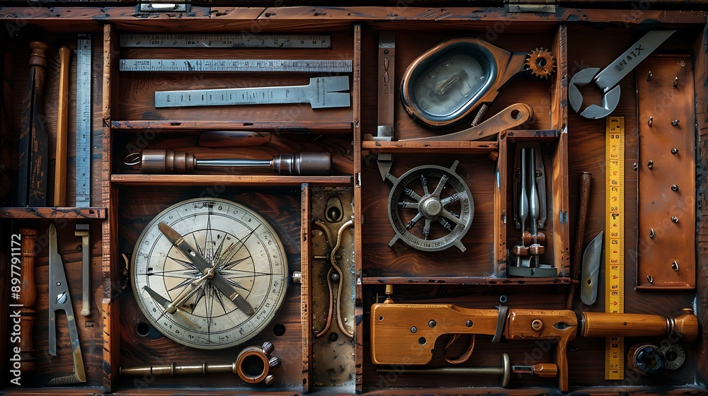 Detailed image of an open toolbox filled with various geometry tools ...