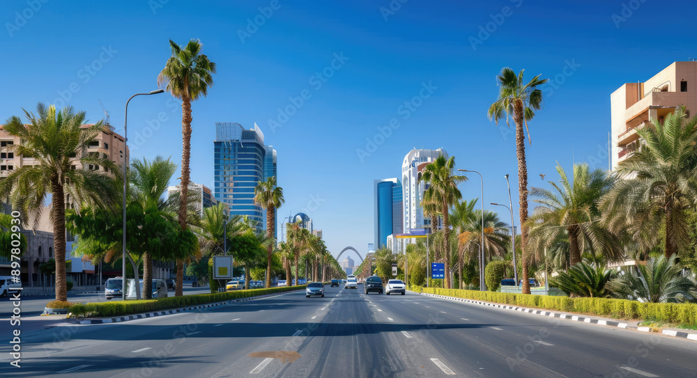 A wide street in Riyadh, Saudi Arabia, full of trees and cars with ...