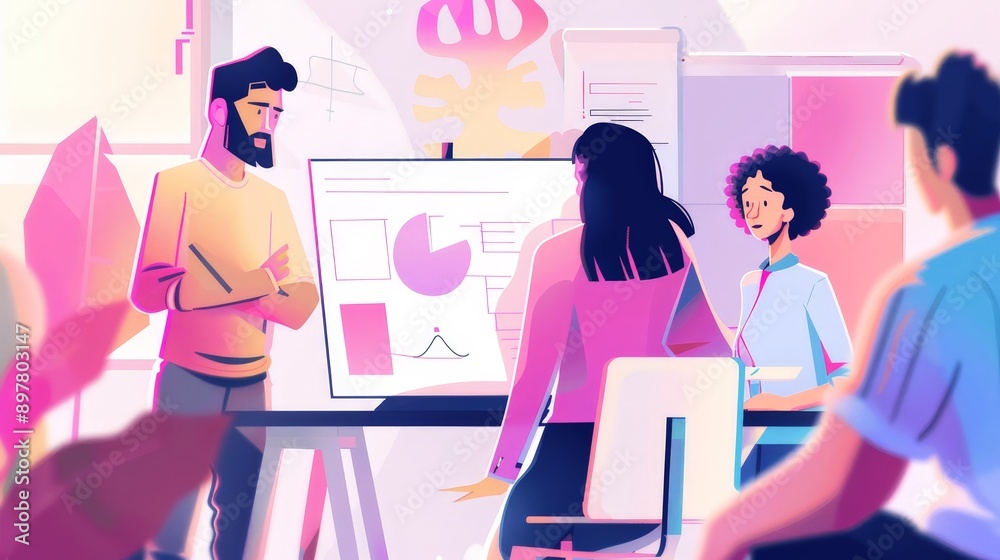 Illustrate a marketing meeting where team members are developing a ...