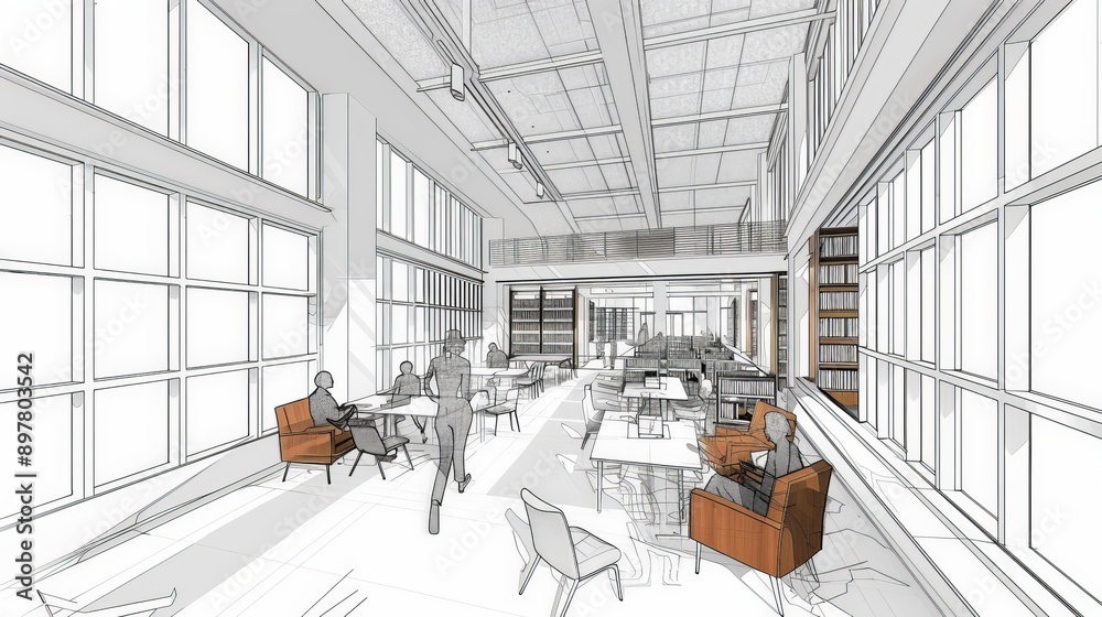 Illustrate an architect planning a modern library, emphasizing open ...