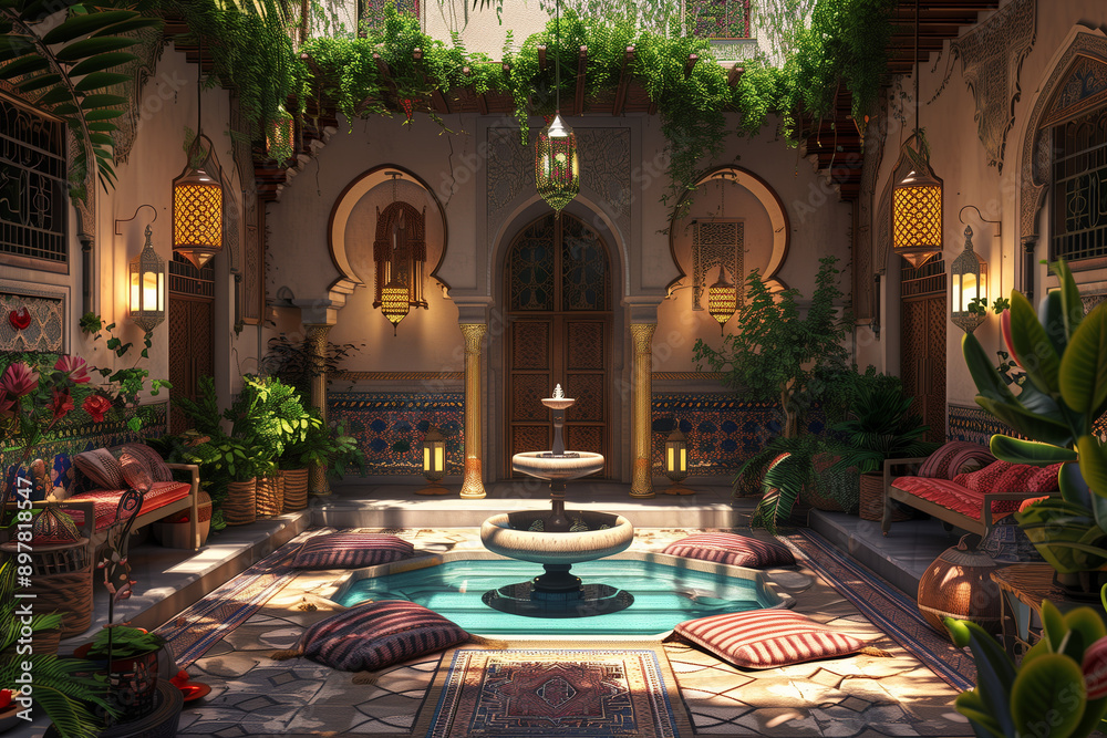Islamic courtyard traditional elements such as a central fountain, lush ...