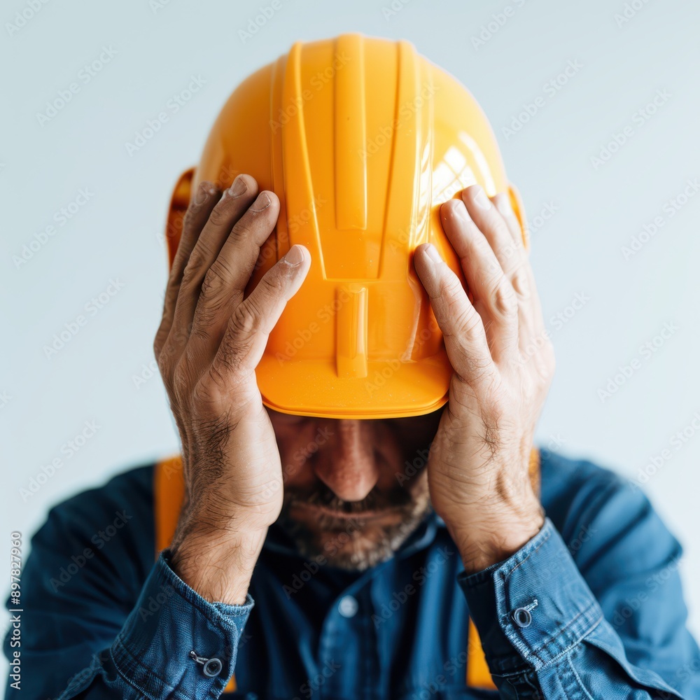 Frustrated construction worker with a hard hat, representing stress and ...