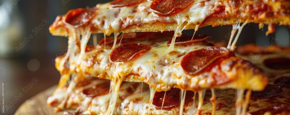Stack of pepperoni pizzas with extra cheese, gooey and savory, High ...