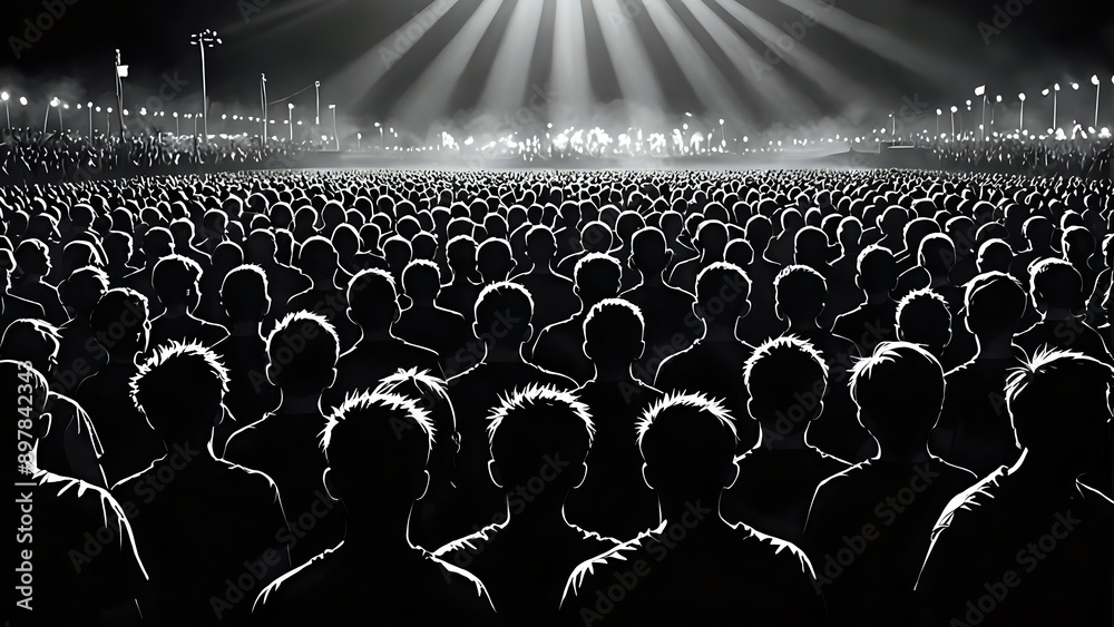Silhouettes of a large crowd gathered in a dark setting, illuminated by ...