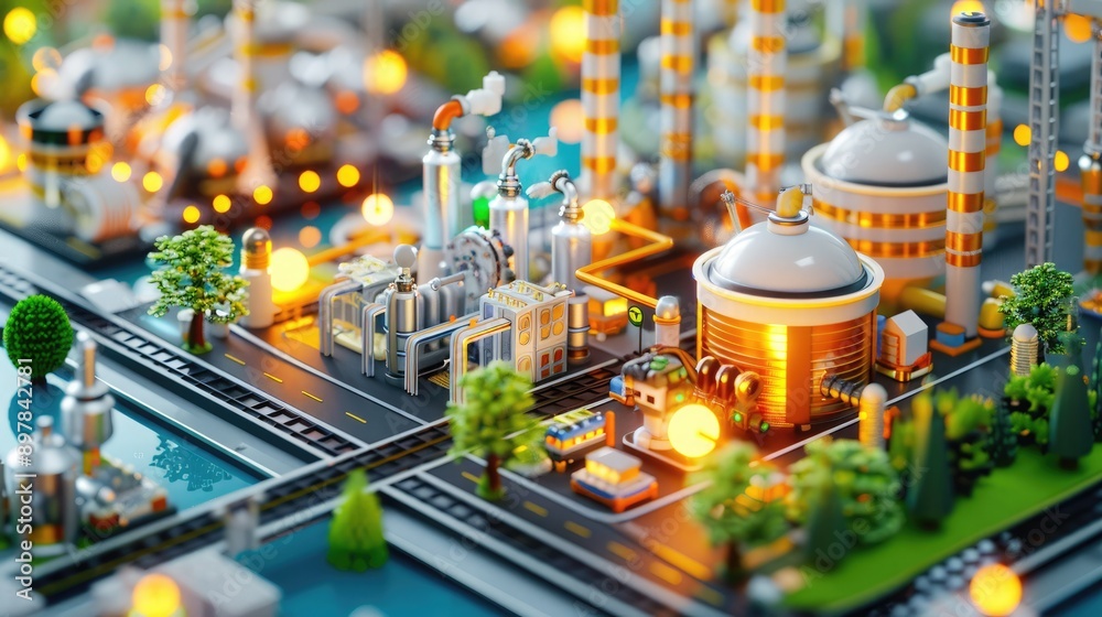 Miniature industrial city model with factory buildings, chimneys, and ...