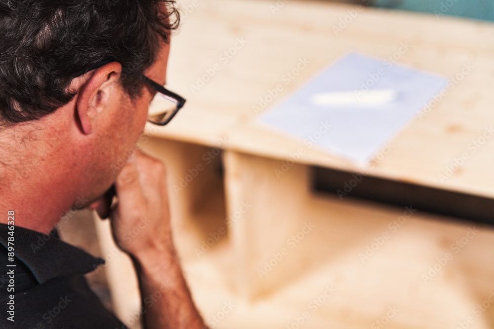 Carpenter designing furniture project using pencil on blueprint Stock ...