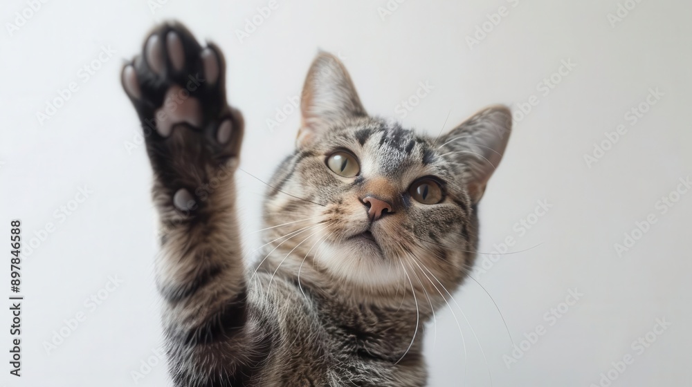 playful cat giving a highfive paw extended towards viewer crisp white ...