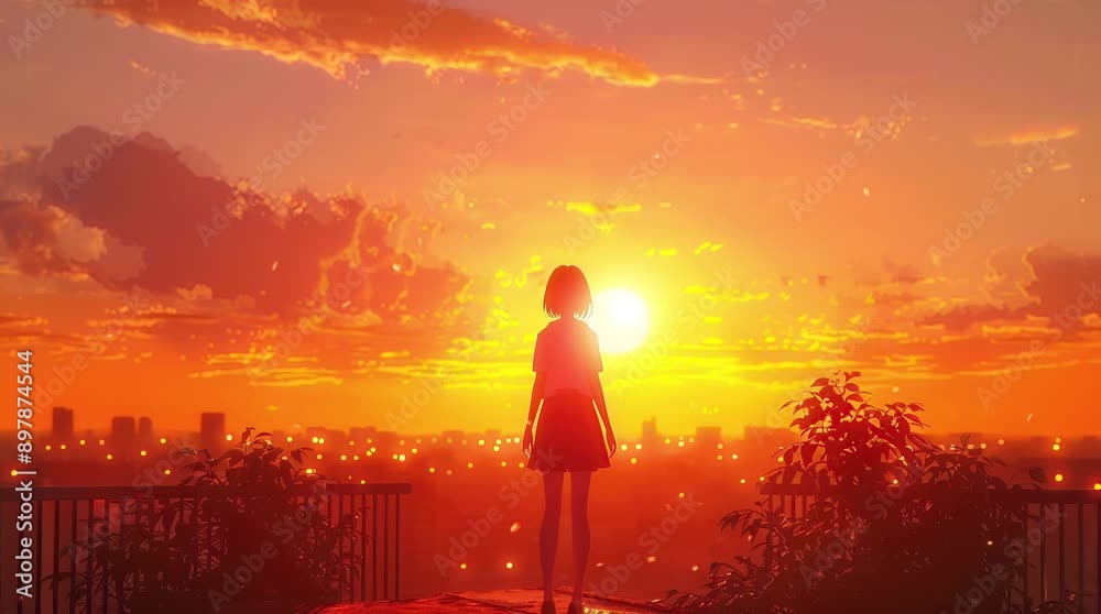 Anime girl standing alone on a field, gazing at a breathtaking sunset ...