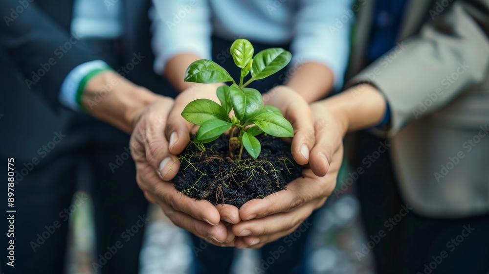Business hands holding green plants together are the symbol of green ...