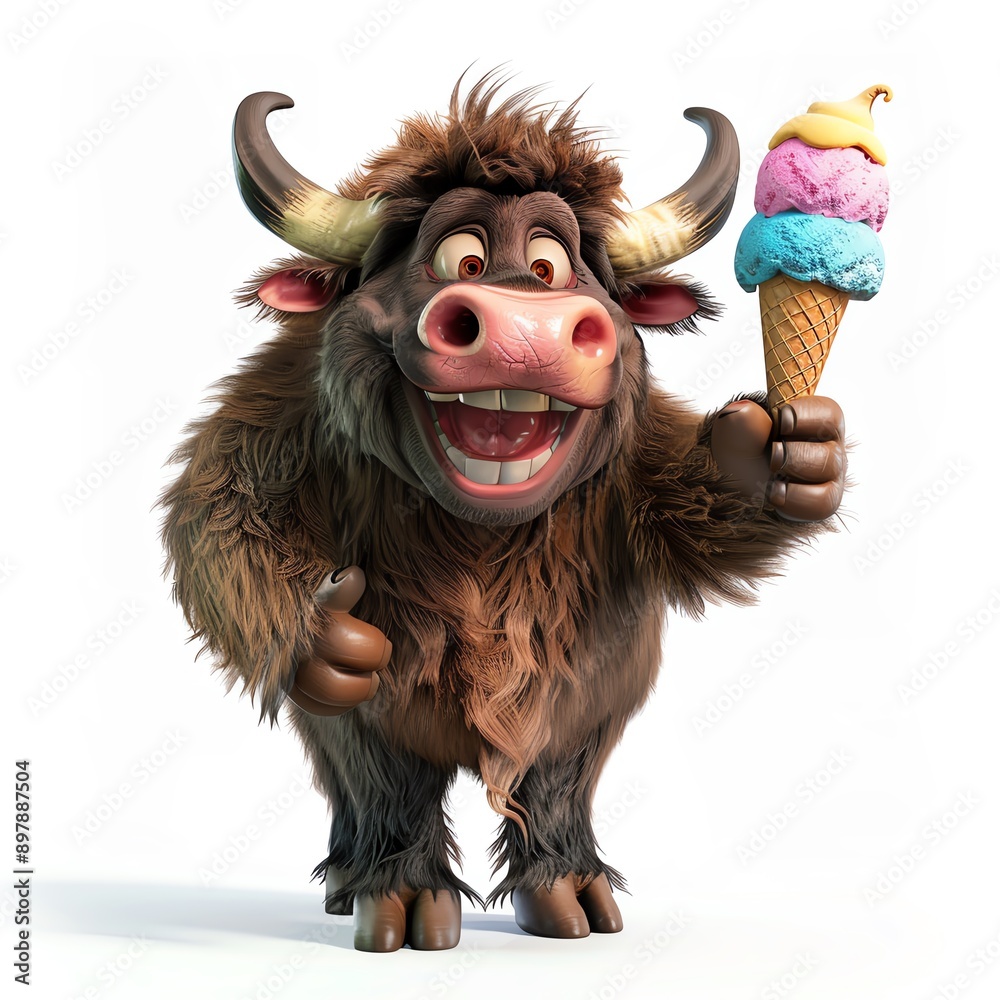 Playful 3D buffalo holding ice cream clipart, white background, bright ...