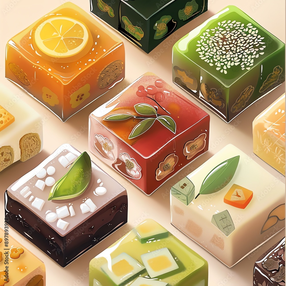 Create a illustration of a a Uiro (steamed cake) squares with different ...