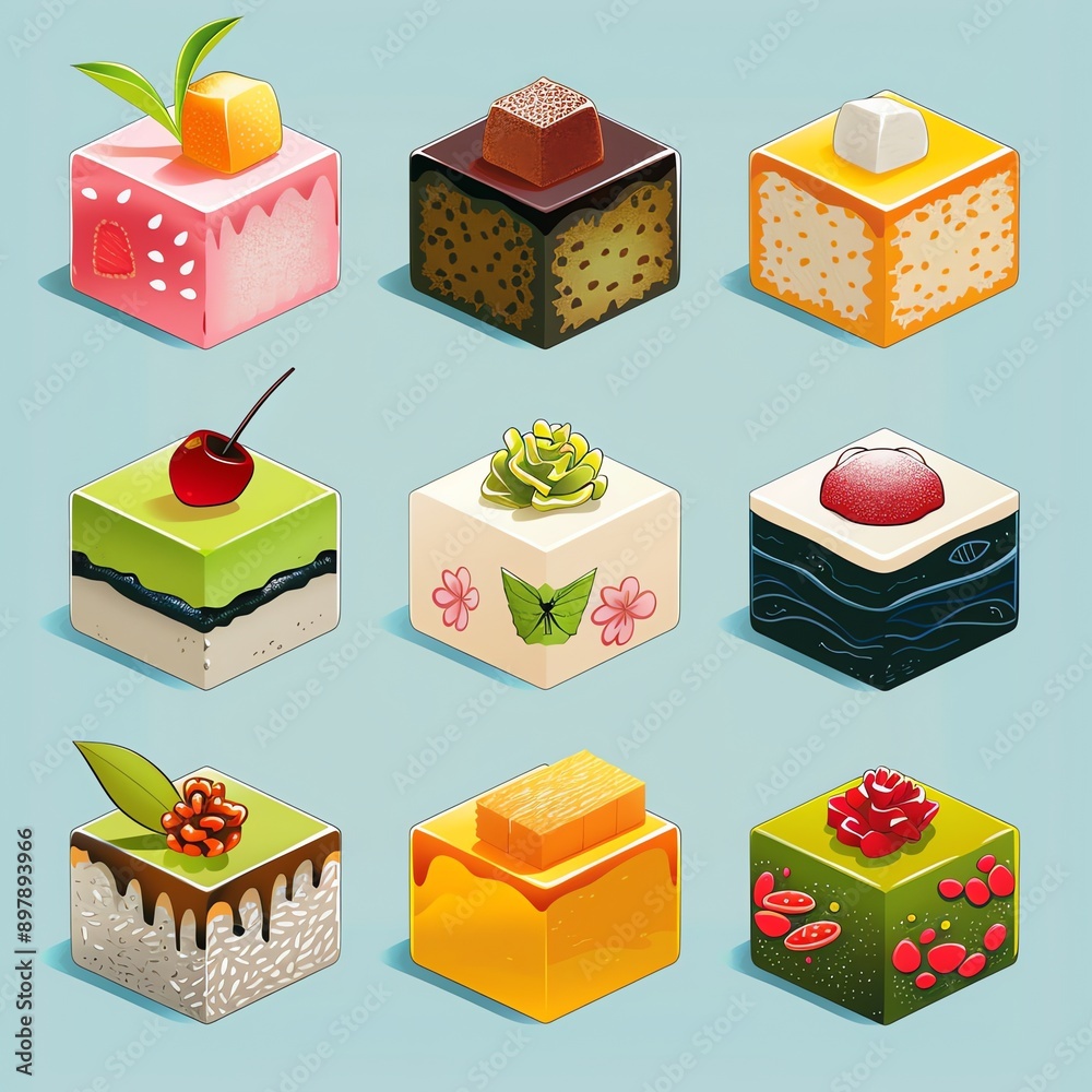 Create a vector illustration of a a Uiro (steamed cake) squares with ...