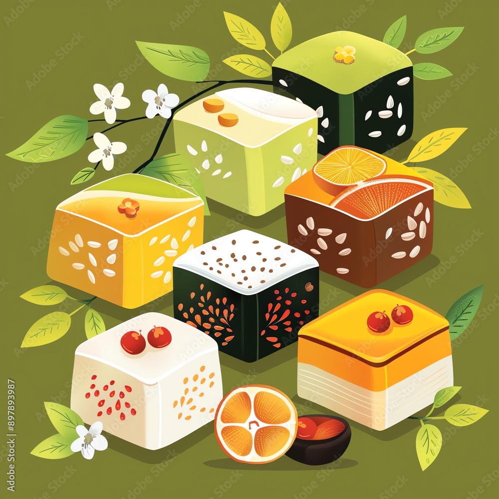 Create a illustration of a a Uiro (steamed cake) squares with different ...