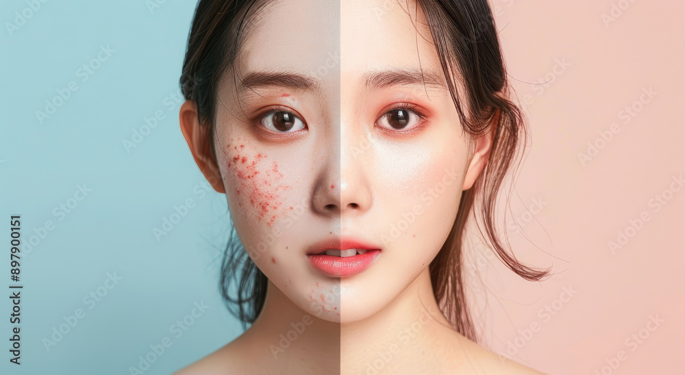 A korean girl with clear skin on the left side of her face and visible ...