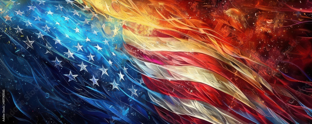 Artistic depiction of the American flag with sweeping lines and a burst ...