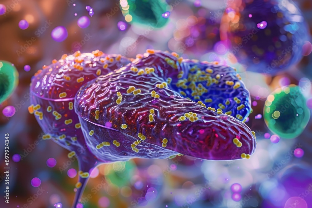 Close-up of a microscopic view of liver cells, showing hepatocytes and ...