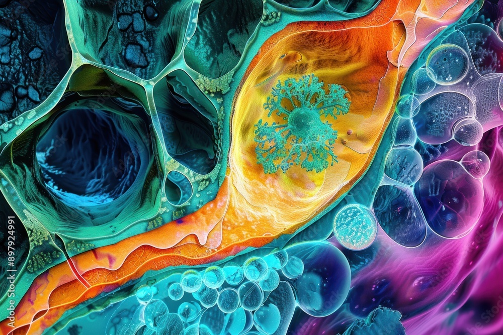 Close-up of a microscopic view of plant cell structure, showing the ...
