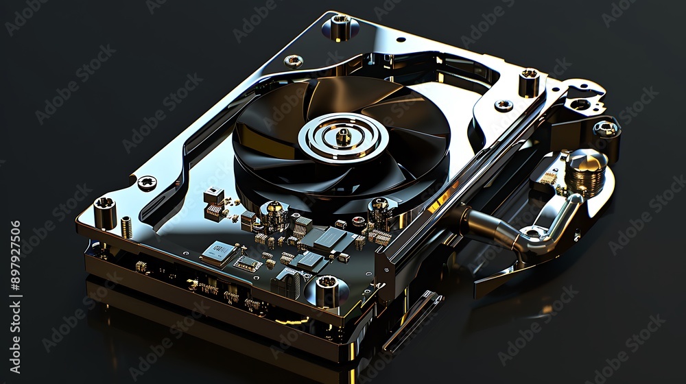 Realistic and intricate look inside an open hard drive showing the ...