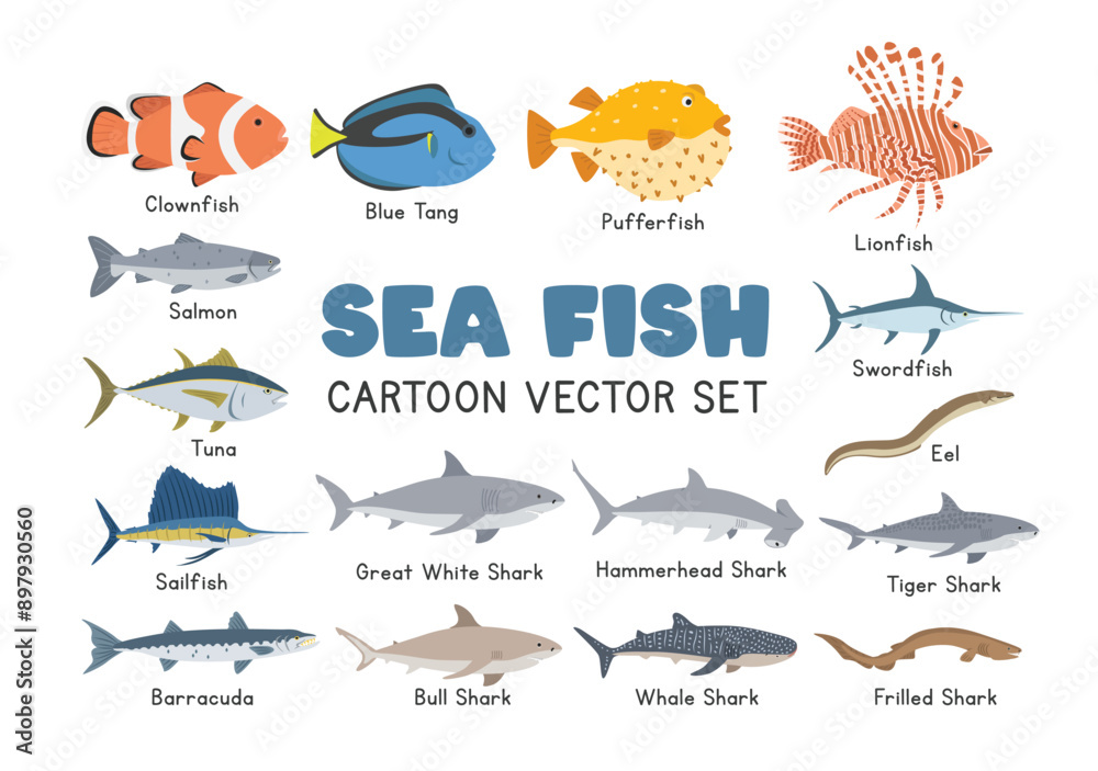 Sea fish vector illustration set. Marine fish cartoon clipart in flat ...