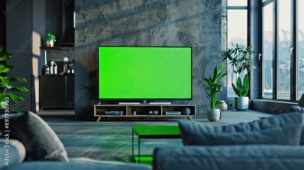Modern house interior with blank green screen led TV mockup template ...
