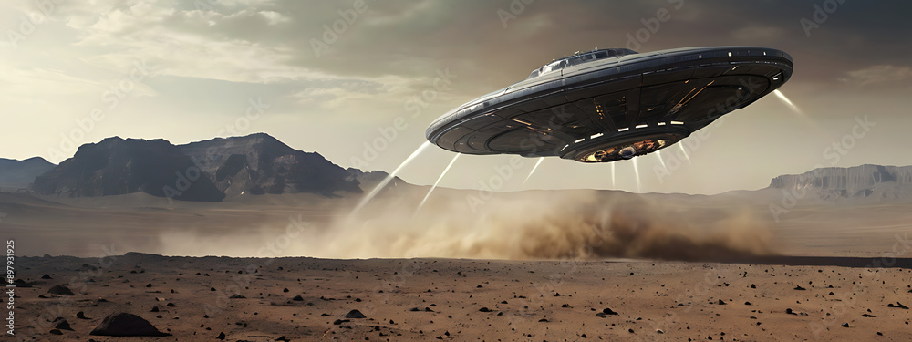 A dramatic illustration of an alien spacecraft landing on a barren ...