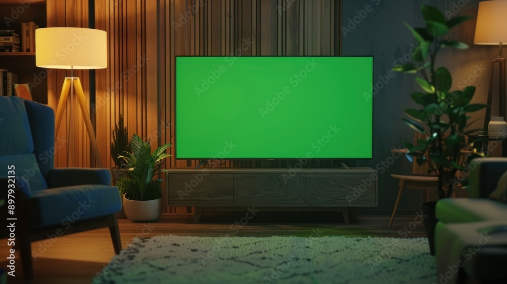 Modern house interior with blank green screen led TV mockup template ...