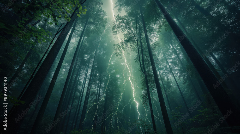 Lightning Strikes in Misty Forest. Dramatic lightning bolts illuminate ...