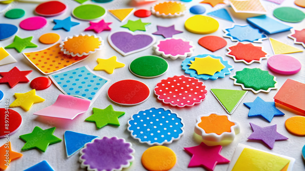 Colorful stickers in various shapes and sizes scattered on a white ...