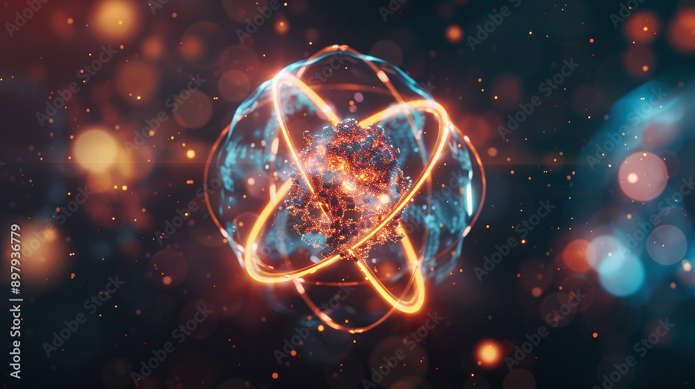 Photorealistic depiction of an atom highlights its intricate structure with glowing particles ...