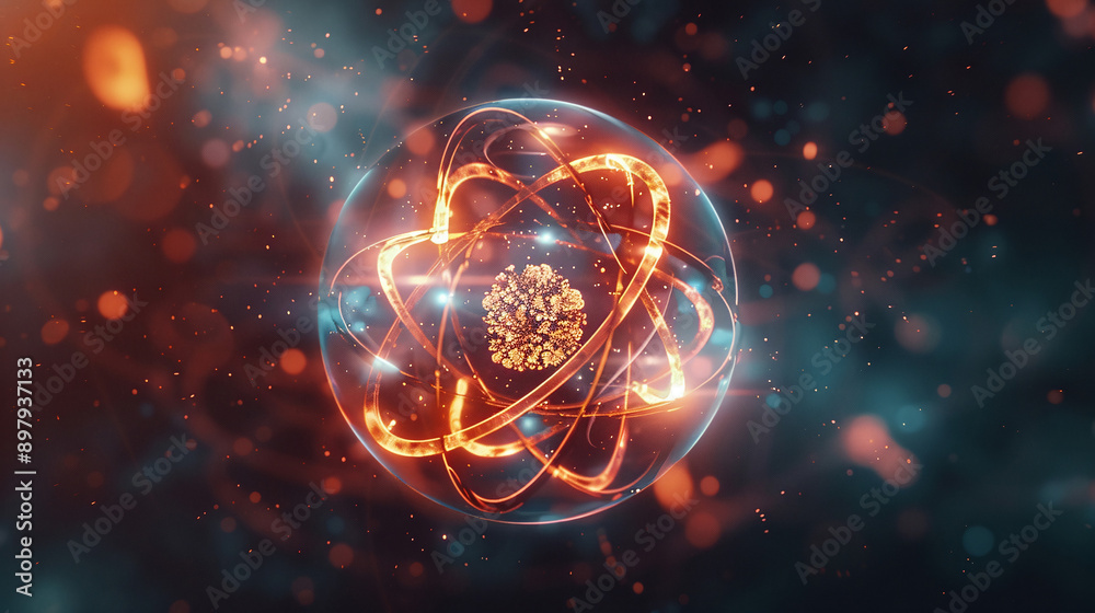 Photorealistic depiction of an atom highlights its intricate structure with glowing particles ...
