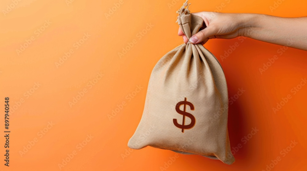 Hand gripping a money sack in a casual pose, with a solid orange ...