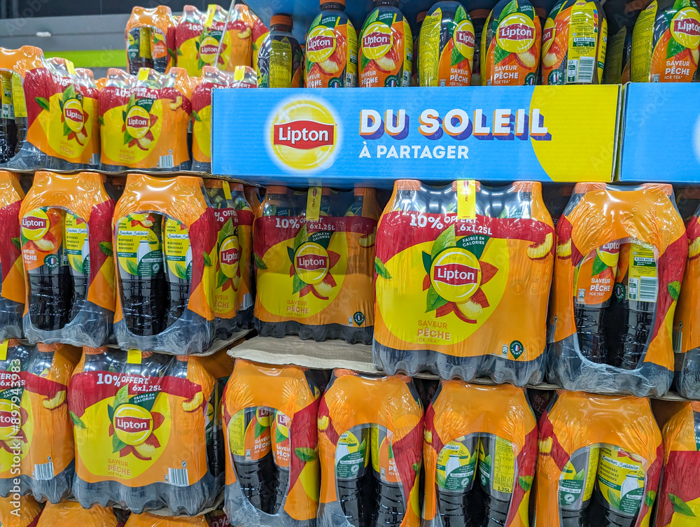 France, 25, May, 2024: Lipton iced tea packages on display in a ...