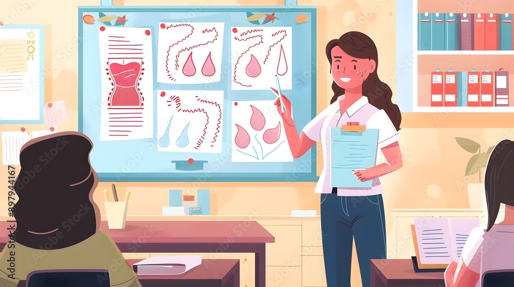 Female Teacher Explaining Menstrual Cycle Anatomy Using Diagrams in ...
