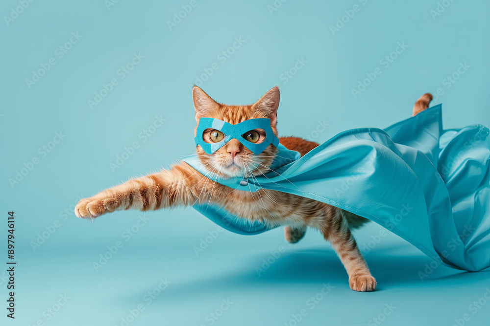 Cute orange tabby cat dressed as a superhero, flying with a blue cloak ...