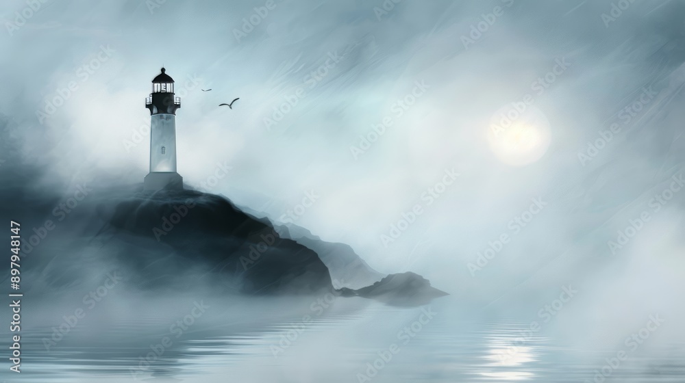Fantasy coastal vista with a spellbound lighthouse, shrouded in magical ...