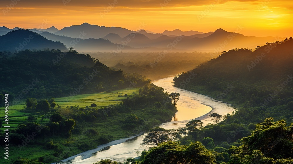 Green Hills Sunset. Sunset over lush green jungle covered hills with ...