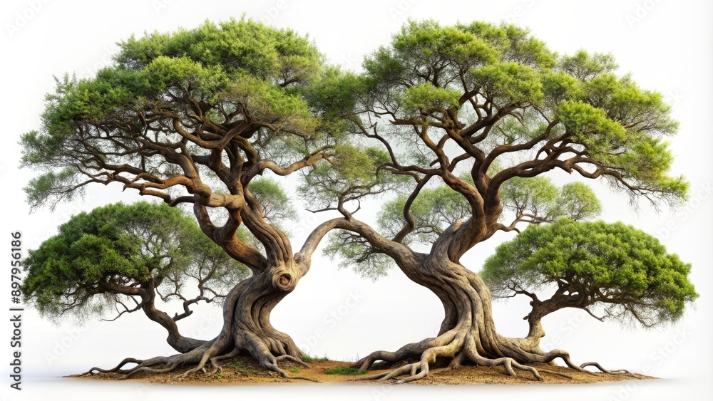 Dramatic isolated silhouettes of ancient trees with contorted trunks ...