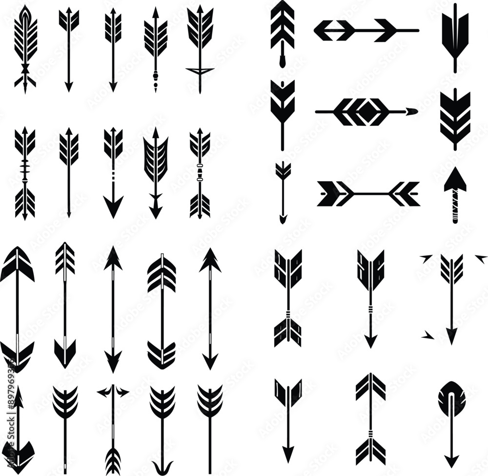 Vetor de A diverse collection of black and white arrow icons in various ...